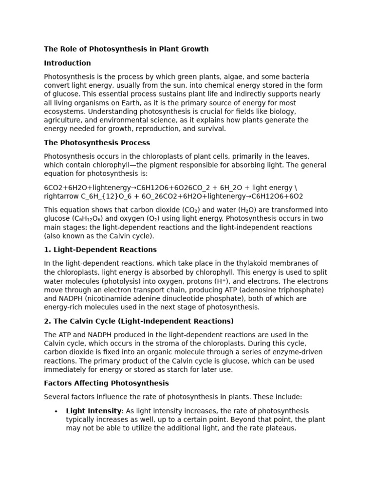 The Role of Photosynthesis in Plant Growth | PDF | Photosynthesis ...