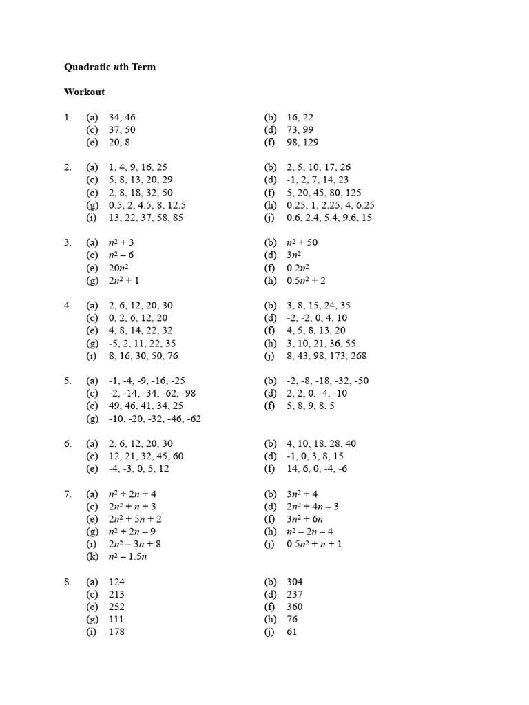 Quadratic NTH Term Answers | PDF