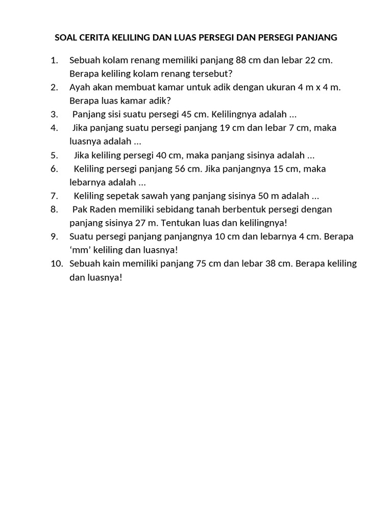 Soal Cerita Keliling Dan Luas Persegi Dan Persegi Panjang | PDF
