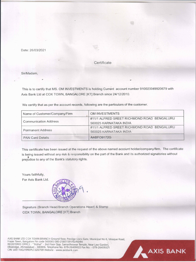 Bank Account Setails Confirmation Certificate | PDF