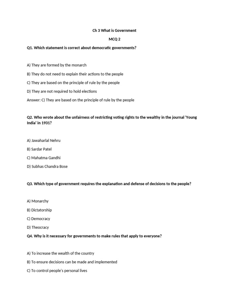 Democracy and Government MCQs | PDF