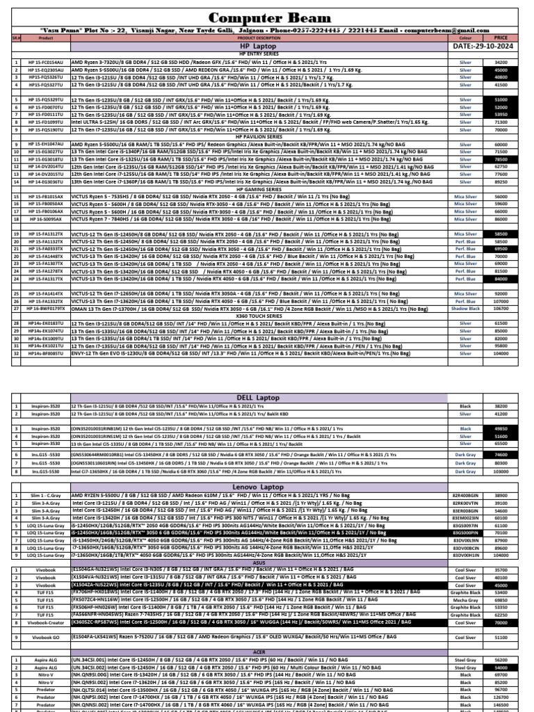 New Laptop Price List | PDF | Solid State Drive | Computing