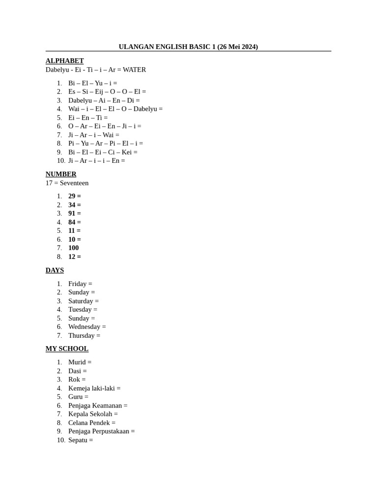 Ulangan English Basic 1 Kedua | PDF