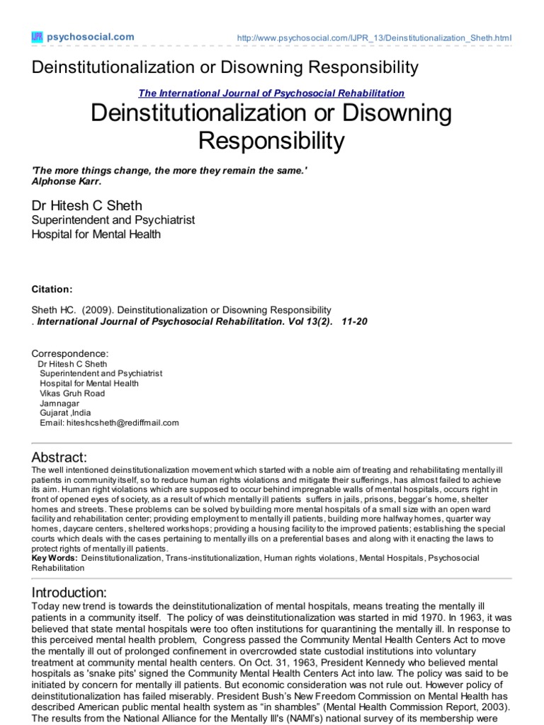 Deinstitutionalization or Disowning Responsibility | PDF | Mental ...