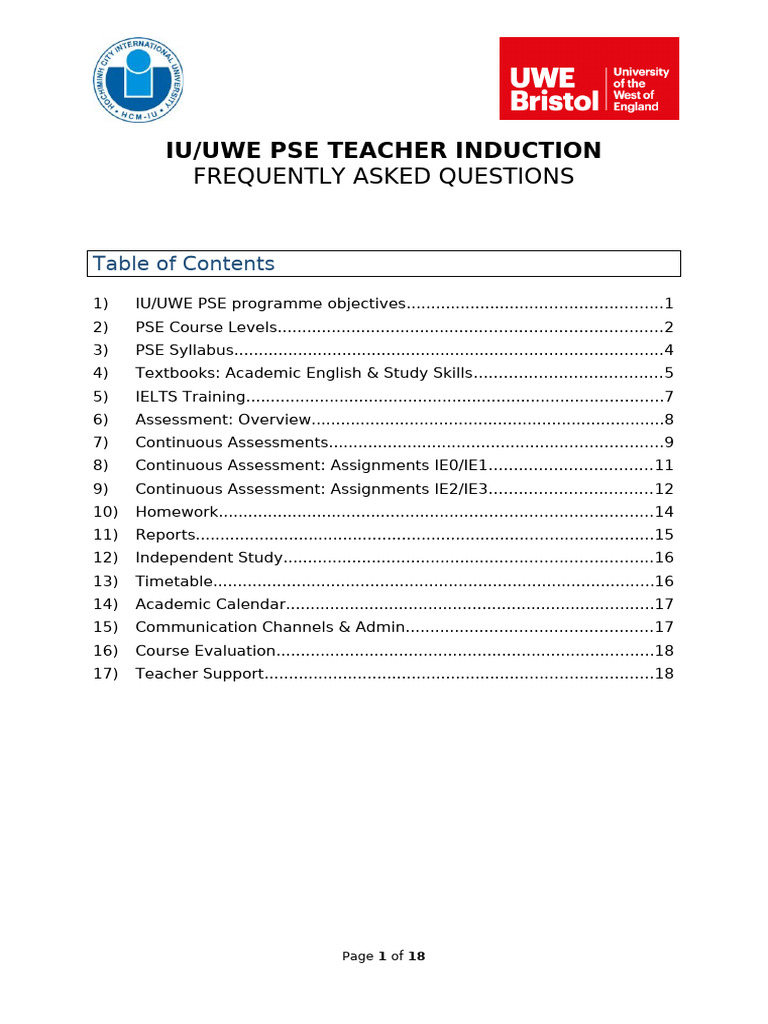 IU-UWE PSE TEACHERS HANDBOOK-FAQ - Revised September 2019 | PDF | International English Language ...