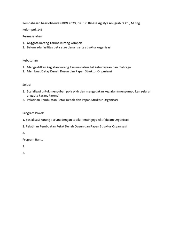 Pembahasan Hasil Observasi KKN 2023 DPL Rinasa AA | PDF