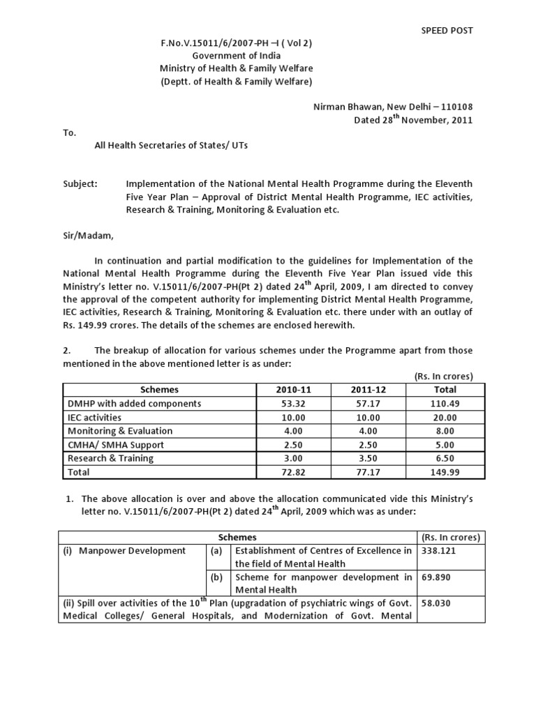 11th Plan 2011 Revised NMHP Guidelines | PDF | Psychologist | Psychiatry