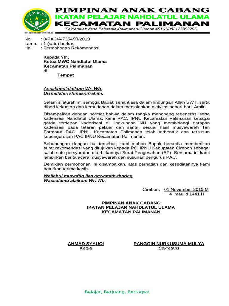 Surat Permohonan Rekomendasi For MWC Nu | PDF