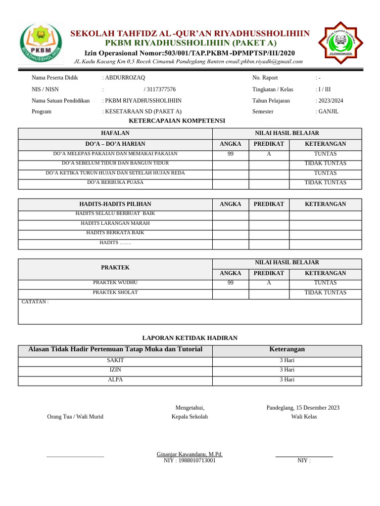 Format Raport Hafalan Do'a & Hadits, Praktek Wudhu & Sholat 22 - 23 | PDF