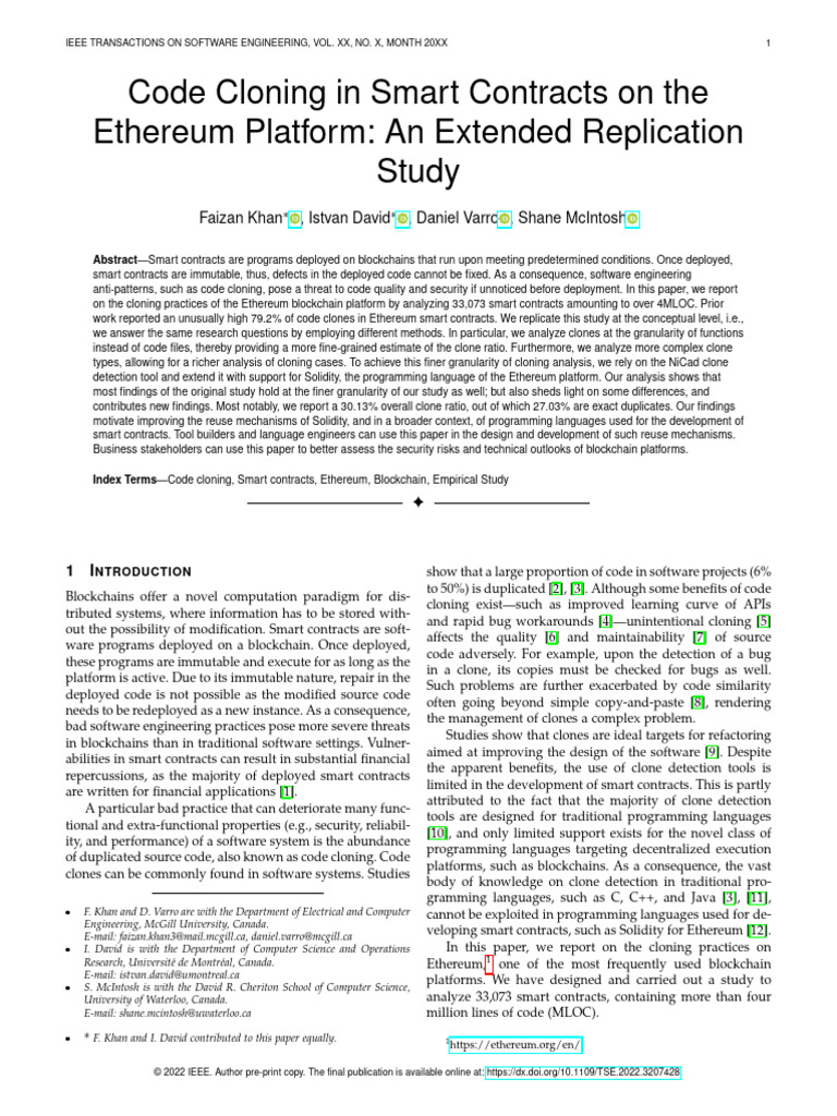Tse2022 - Code Cloning in Smart Contracts On The Ethereum Platform - An Extended Replication ...