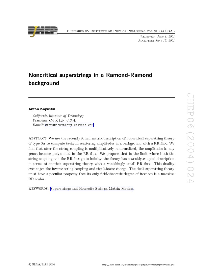 Anton Kapustin - Noncritical Superstrings in A Ramond-Ramond Background | PDF | Perturbation ...