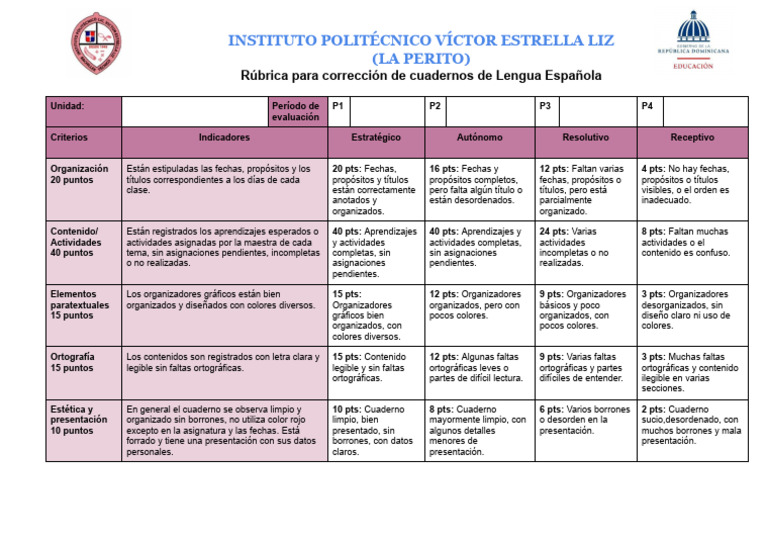 Rúbrica para Corrección de Cuadernos de Lengua Española IPVEL 2024-2025 ...