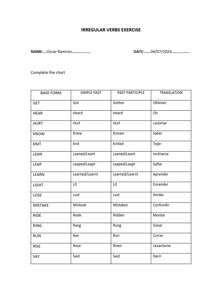 Irregular Verbs Exercise.. | PDF | Language Arts & Discipline