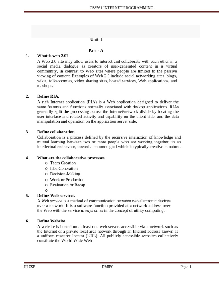 CS8651 Internet Programming Two Marks Questions 1 | PDF | Xml | Xslt