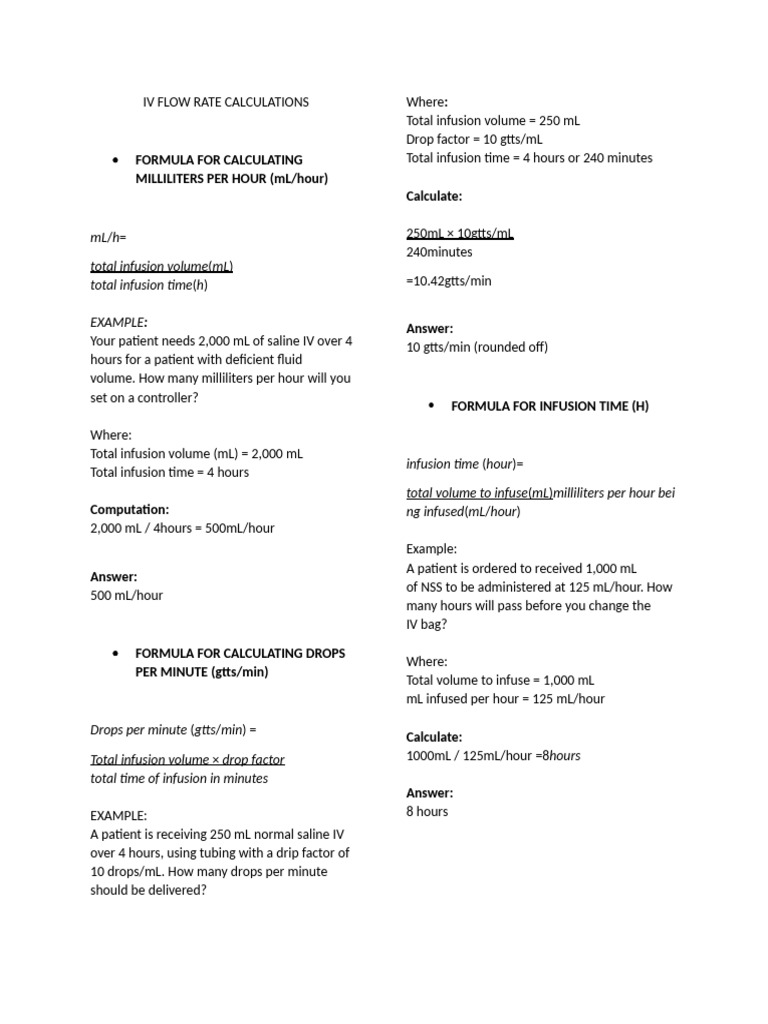 IV Flow Rate Calculations | PDF | Intravenous Therapy | Volume