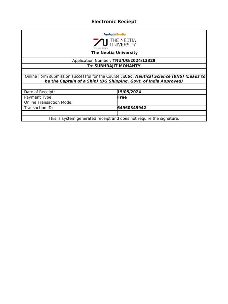 Acknowledgement Receipt TNU UG 2024 13329 | PDF