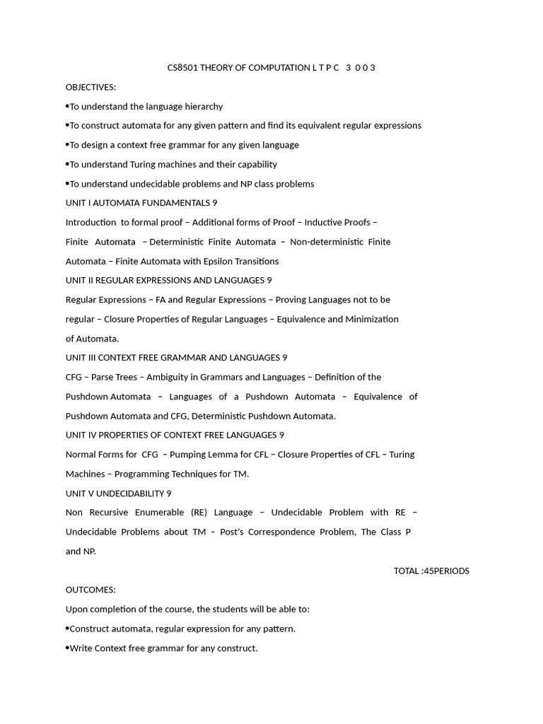 CS8501 Theory of Computation L T P C 3 0 0 3 | PDF