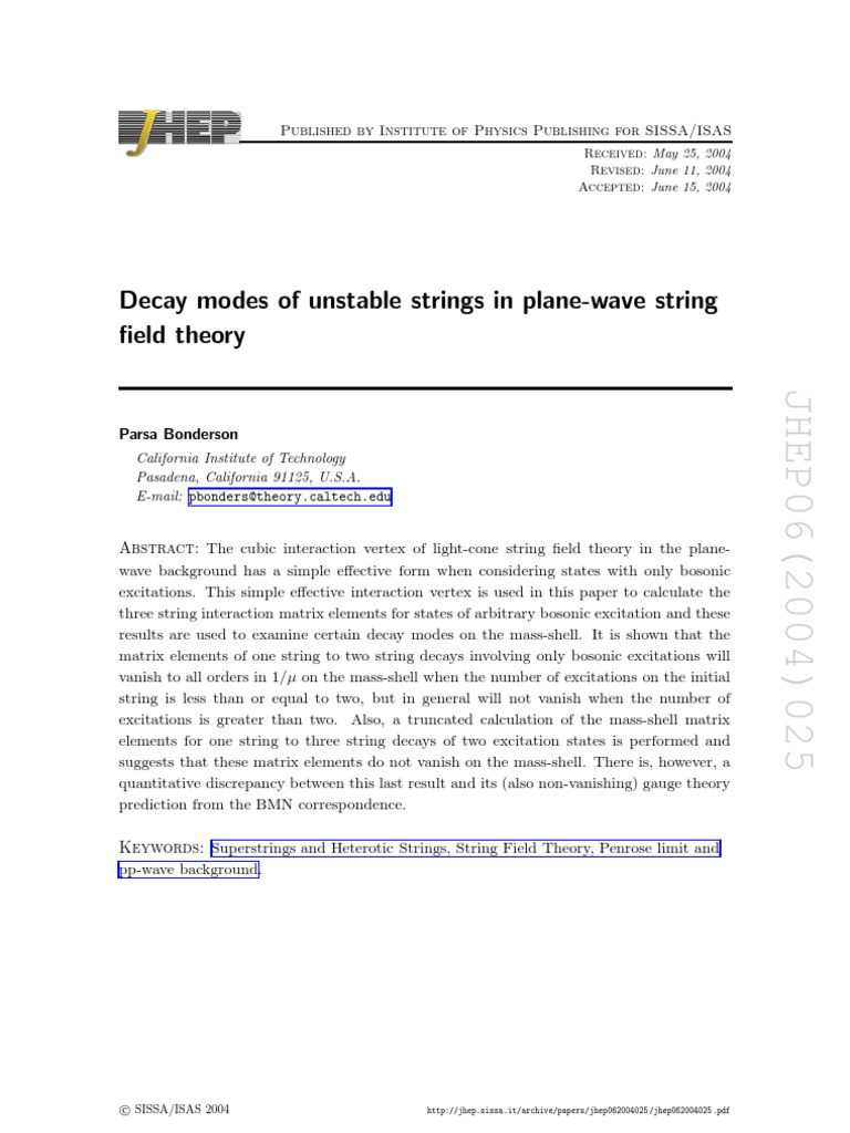 Parsa Bonderson - Decay Modes of Unstable Strings in Plane-Wave String ...