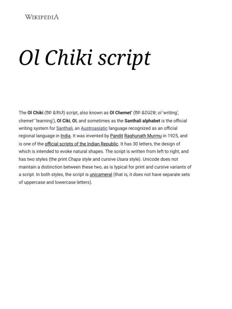 Ol Chiki Script - Wikipedia | PDF | Languages Of India | Languages Of Asia