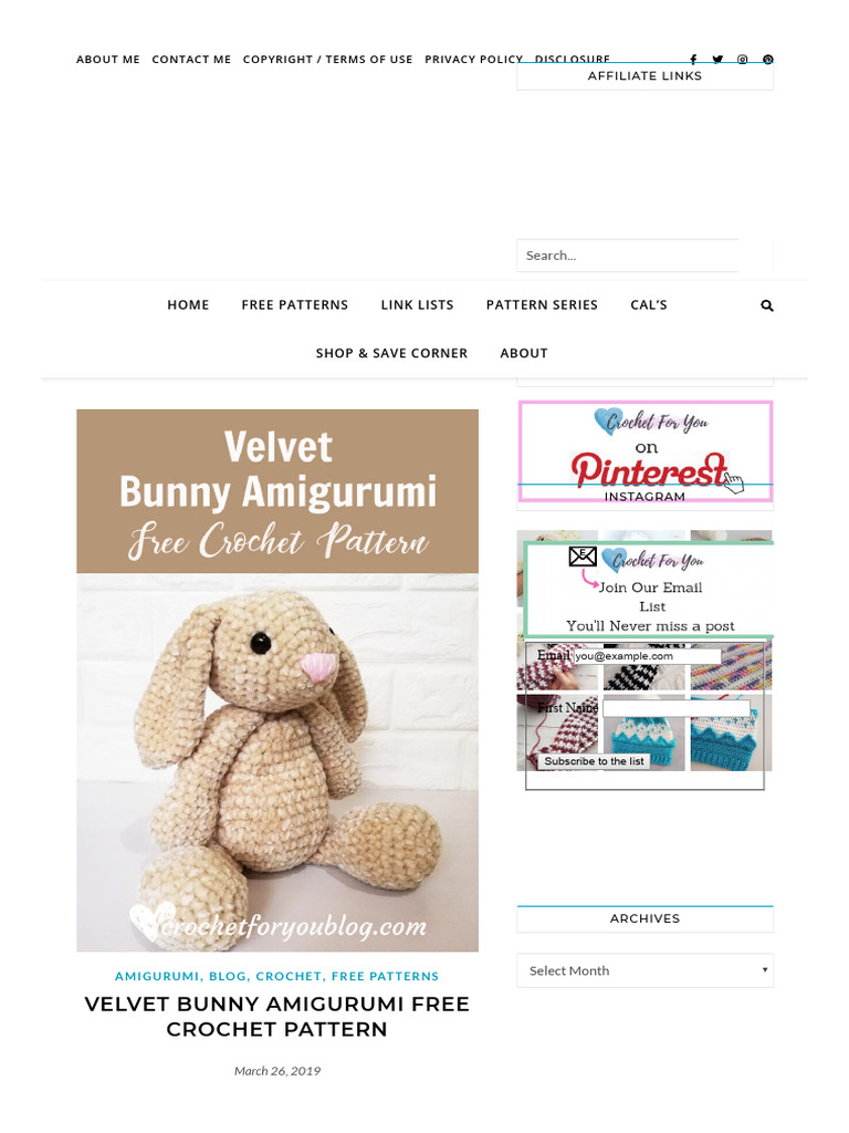 Velvet Bunny Amigurumi Free Crochet Pattern - Crochet For You | PDF ...