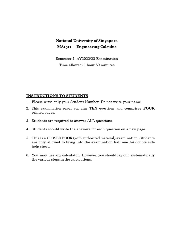 2022 2023 Semester 1 Exam Paper | PDF | Mathematical Analysis | Calculus