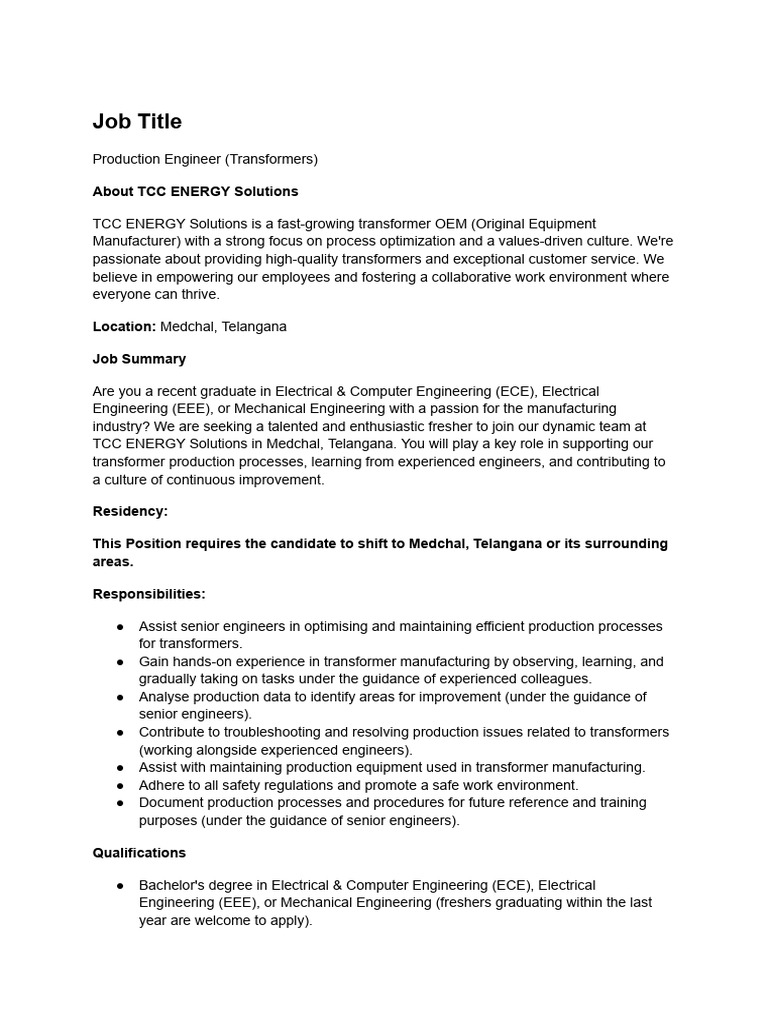 Production Engineer Job Description | PDF | Engineering | Electrical ...