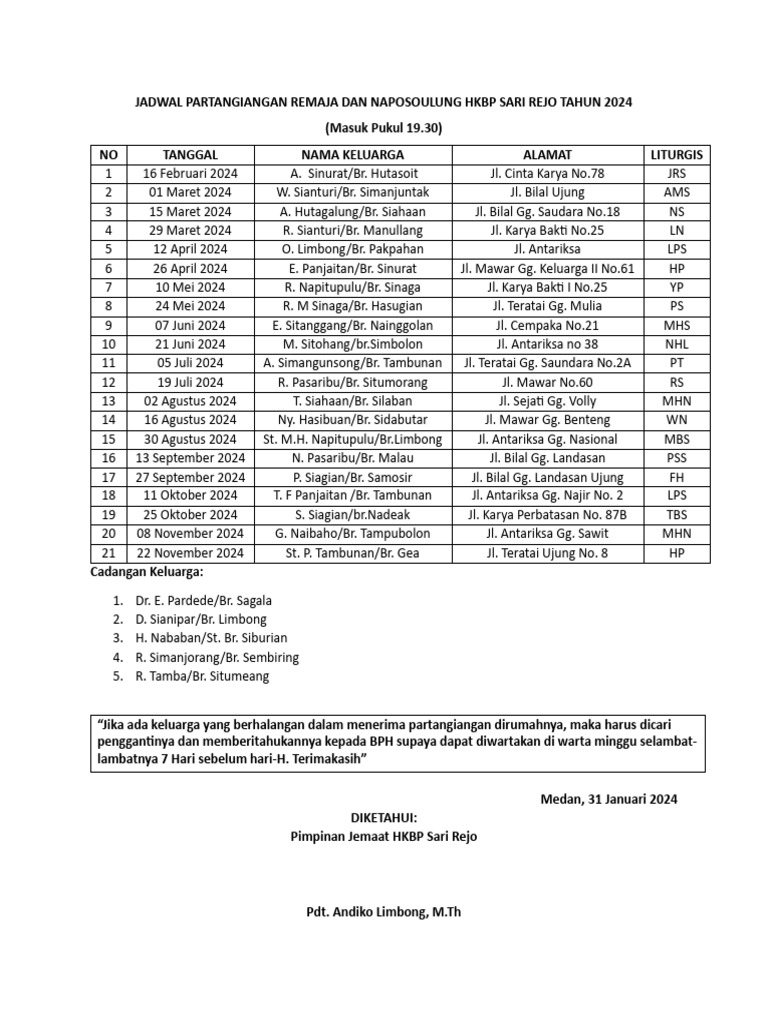 Jadwal Partangiangan Remaja Dan Naposoulung HKBP Sari Rejo Tahun 2024 | PDF