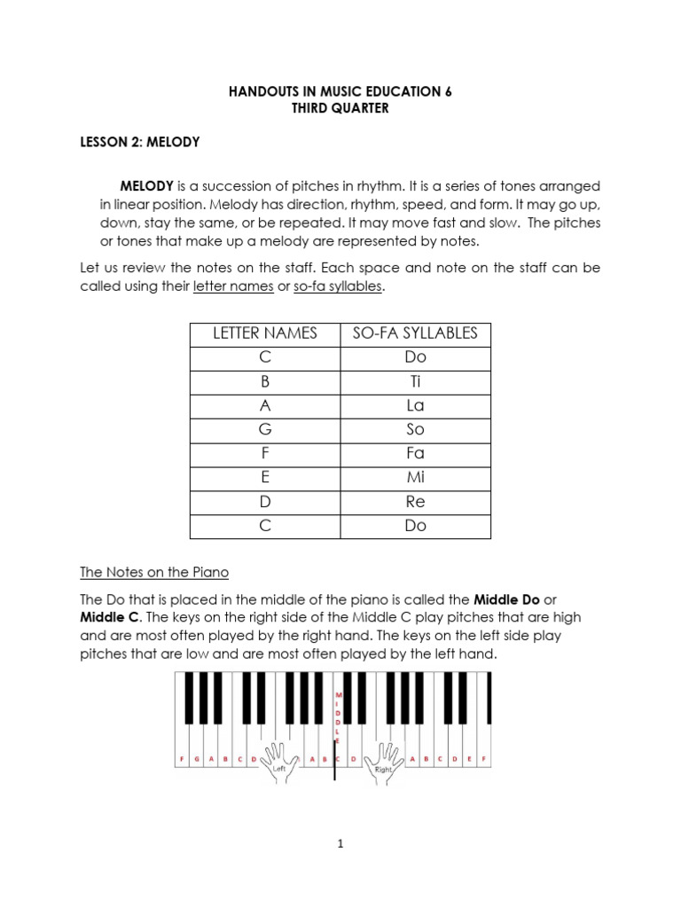 Handouts in Music 6 Third Quarter Melody and Form 2 | PDF | Song ...