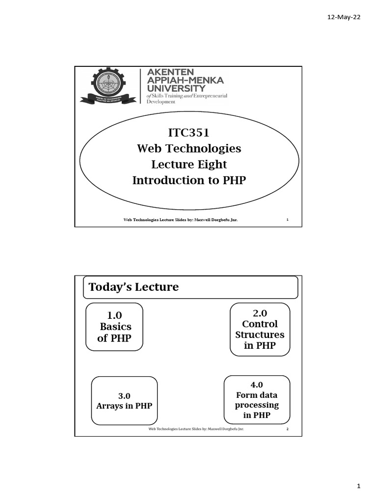 WEB TECHNOLOGIES - ITC 351 Lecture - 8 | PDF | Php | Scope (Computer Science)