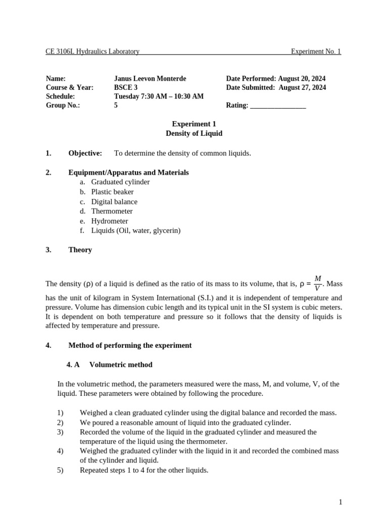 Experiment-No.-1-Density-of-Liquid-format | PDF | Density | Liquids Experiment-No.-1-Density-of-Liquid-format | PDF | Density | Liquids