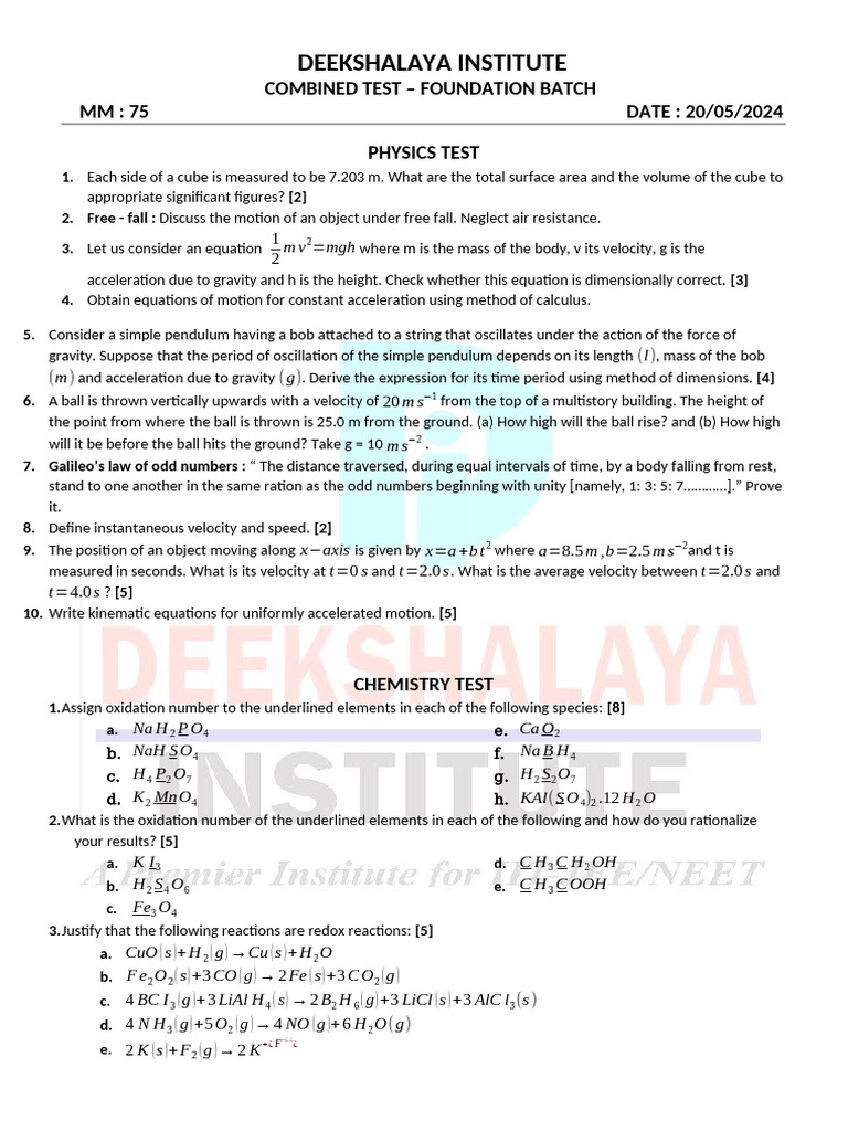 Comb. Test 2024 | PDF | Acceleration | Mass