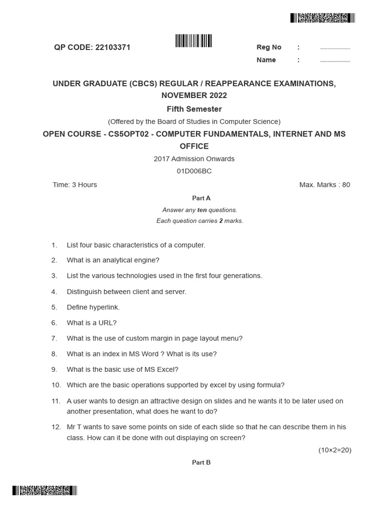 Computer Fundamentals and MS Office Exam | PDF | Microsoft Excel | Internet