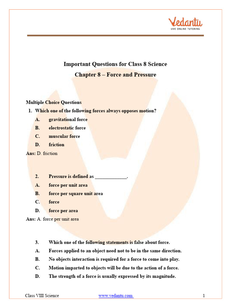 CBSE Class 8 Science Chapter 8 Important Questions - Force and Pressure ...