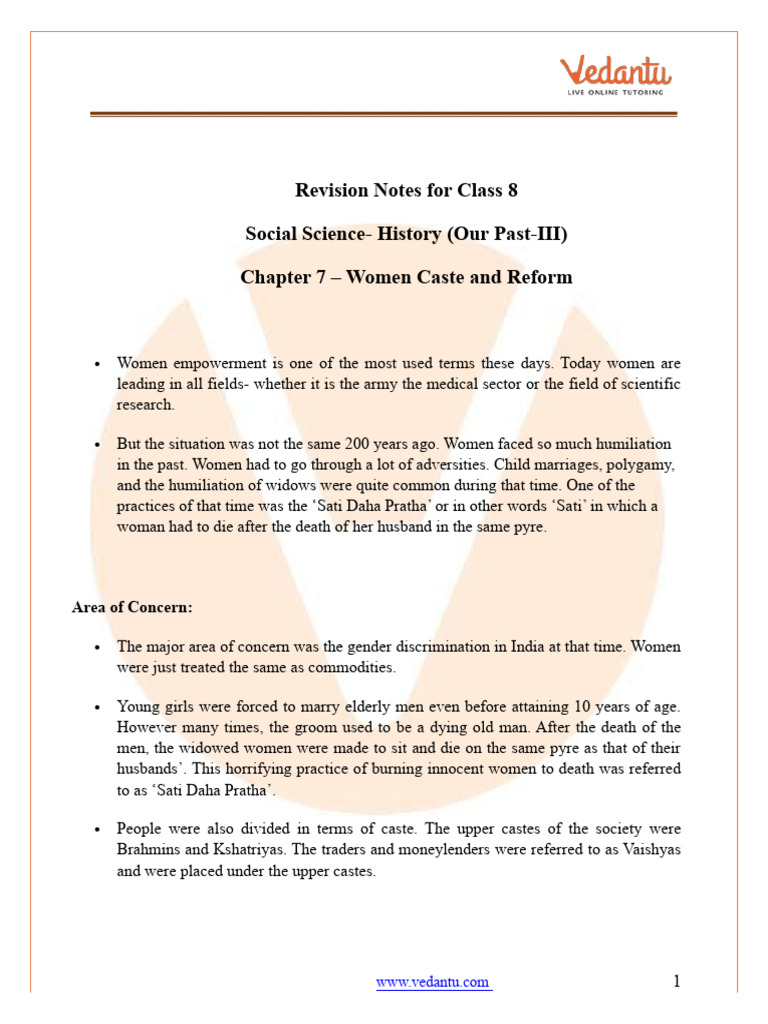 Class 8 History Chapter 7 Women Caste and Reform Class 8 Notes PDF ...