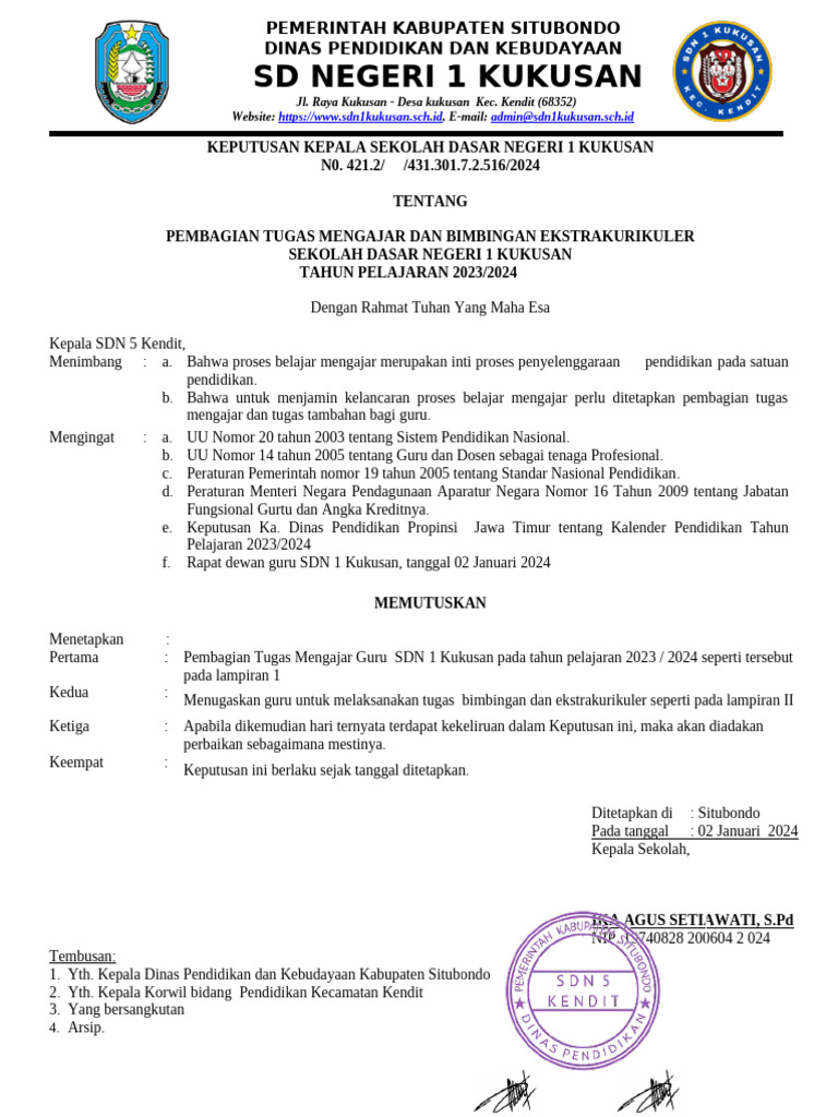 File SK Pembagian Tugas Guru 2023 | PDF