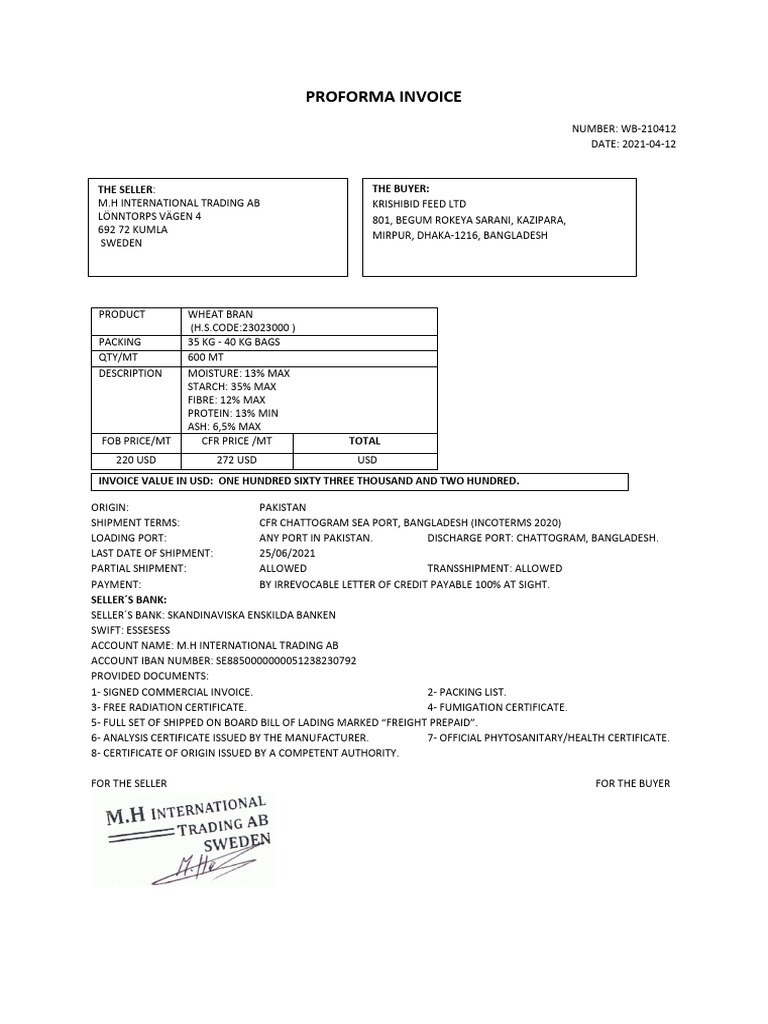 Proforma Invoice For 600 MT Pakistan Wheat Bran - April 2021 | PDF | Business | Technology ...