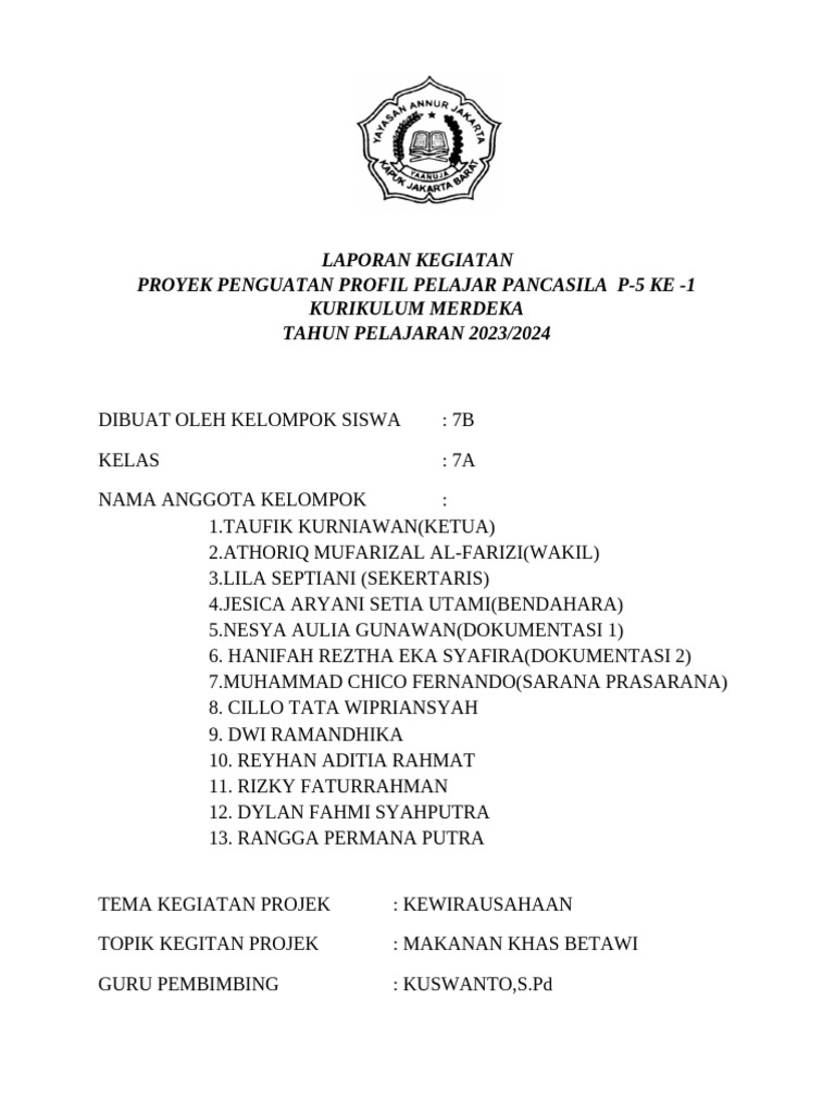 Form Laporan Proyek Siswa 7B | PDF | Karier & Perkembangan