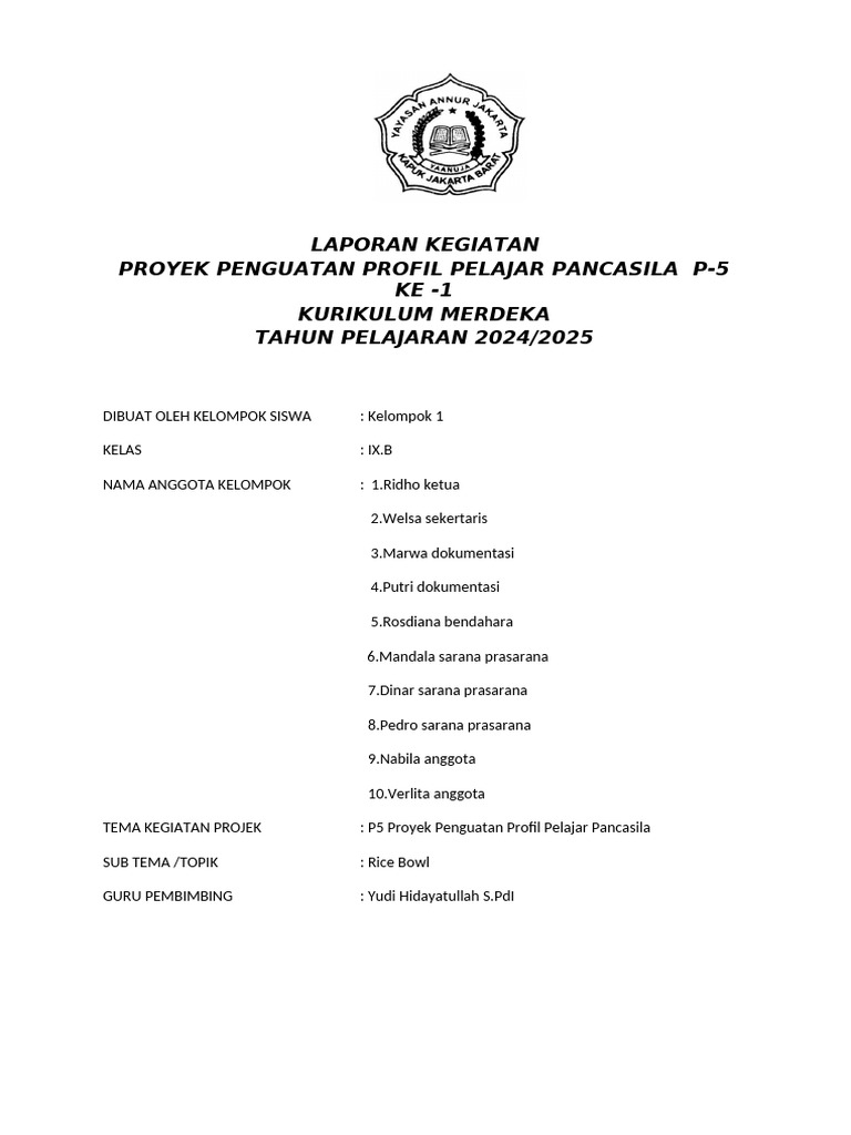 FORM LAPORAN PROYEK SISWA 9B | PDF