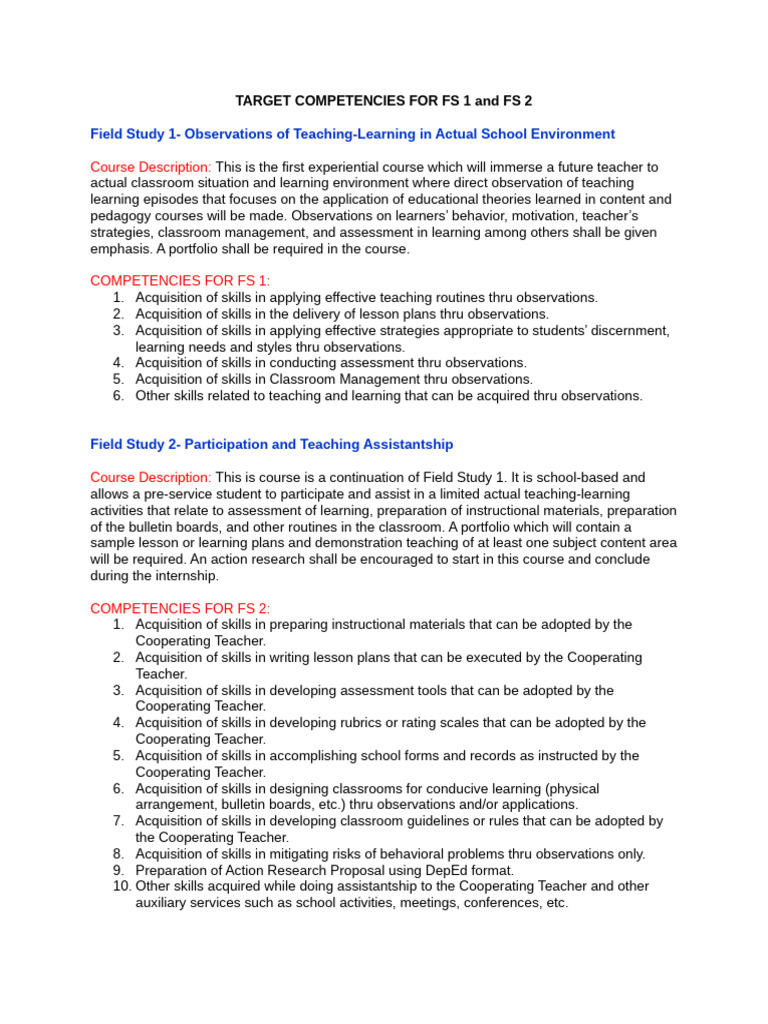 Fs1 and 2 Target Competencies | PDF | Learning | Teachers
