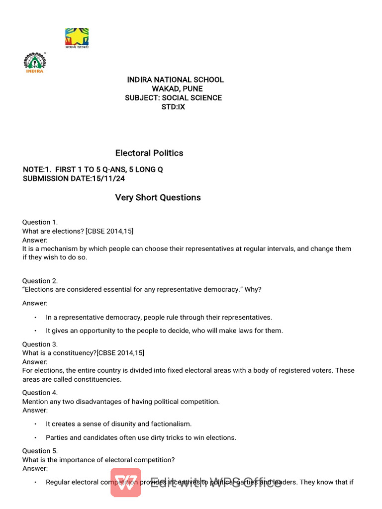 Electoral Politics: Indira National School Wakad, Pune Subject: Social ...