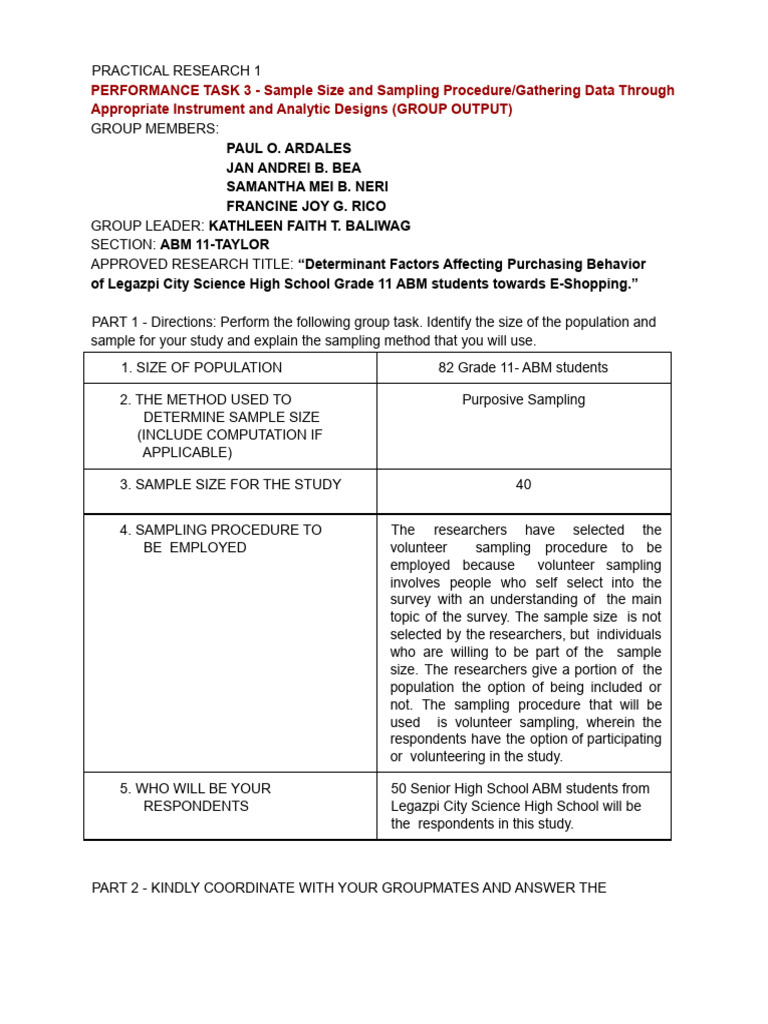 Performance Task 3 - PR1 - Group 4-Abm Taylor | PDF | Survey Methodology | Sampling (Statistics)