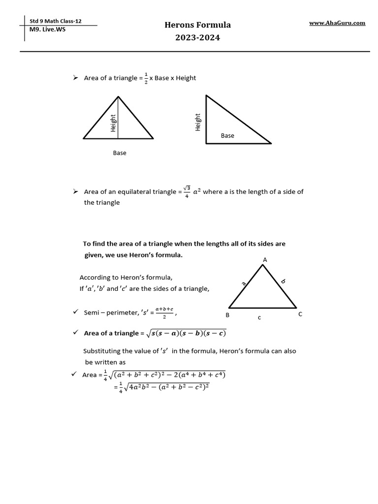M9.WK12WS 2023 Heron's Formula Questions BS - 1691838779721 - FDTLV | PDF | Area | Elementary ...
