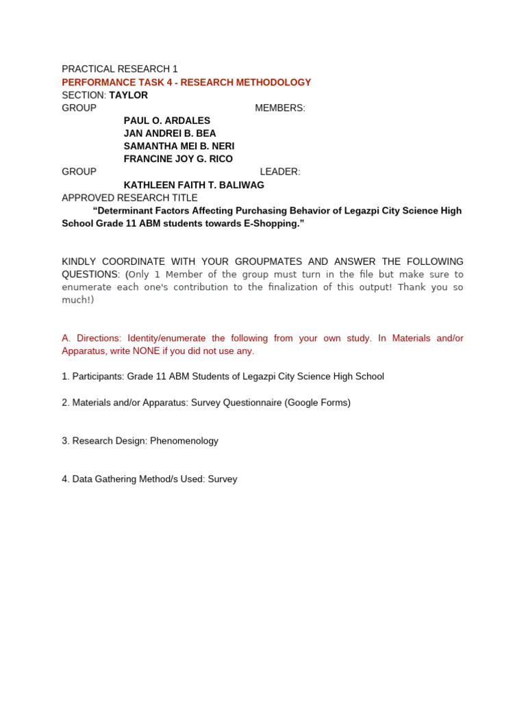 PERFORMANCE TASK 4 - | PDF | Survey Methodology | Questionnaire