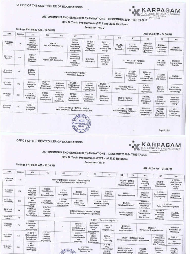 IV and III Year UG Timetable | PDF