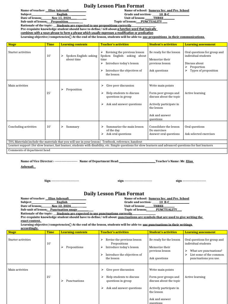 Daily English Lesson Plan for Grade 10 | PDF | Lesson Plan | Learning