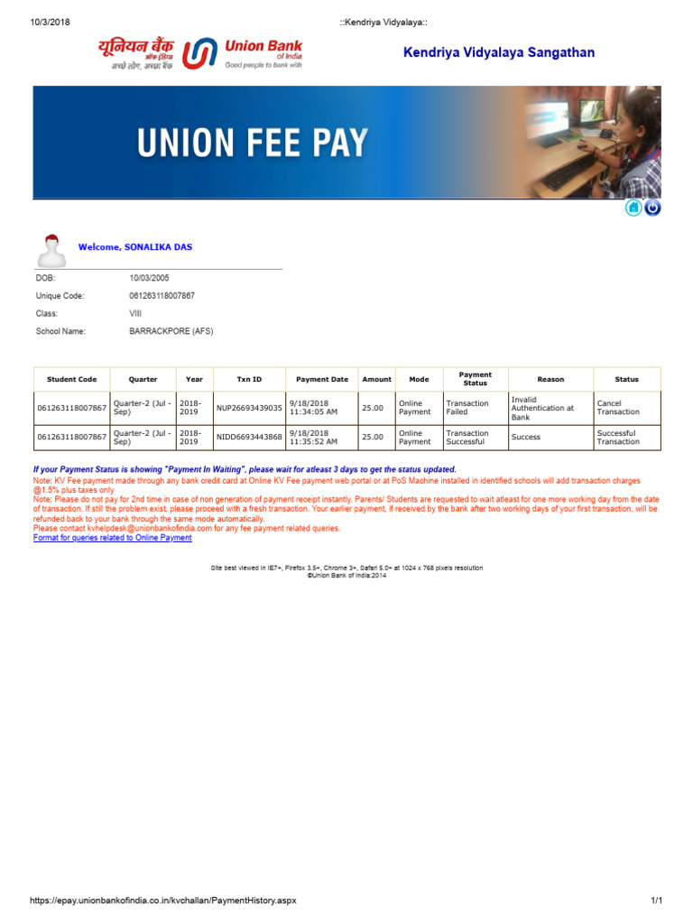 KV Fee Payment Status and Guidelines | PDF | Payments | Money
