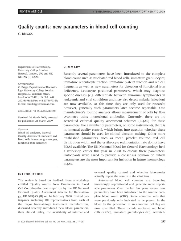 Quality Counts New Parameters in Blood Cell Counting, Int J Lab ...