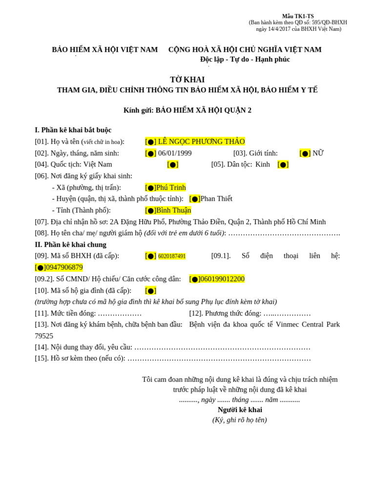 TK1-TS - Tờ Khai BHXH | PDF