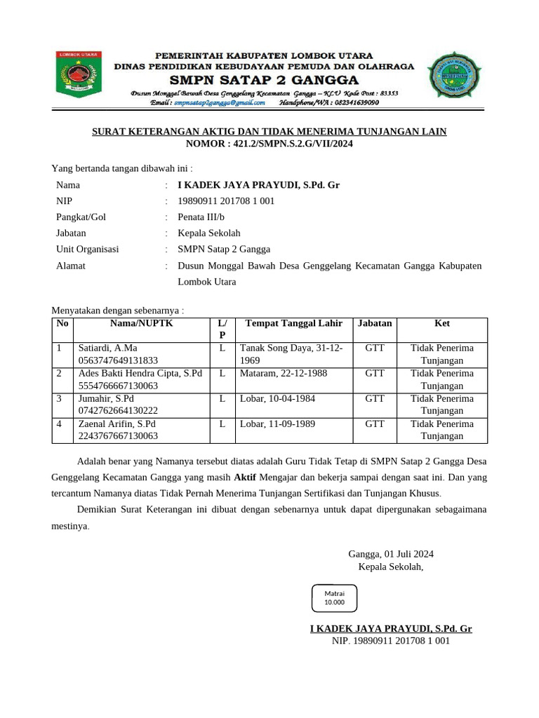 Surat Keterangan Aktif Dan Tidak Menerima Tunjangan Lain | PDF