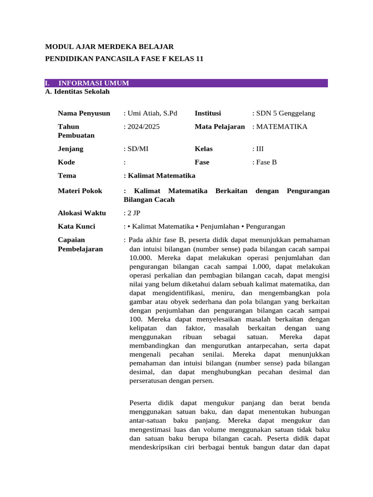Modul Ajar Merdeka Belajar Umi Atiah | PDF | Metode & Bahan Ajar | Seni